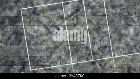 Composition of white sports court grid overhead view over black ...