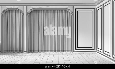 Blueprint unfinished project draft, empty room interior design, table ...