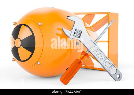 Atomic bomb, nuclear weapon with screwdriver and wrench. 3D rendering ...
