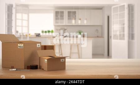 Wooden table, desk or shelf with stack of cardboard boxes over blurred ...