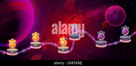 Space game level map with platforms, alien landscape, flying spaceship ...
