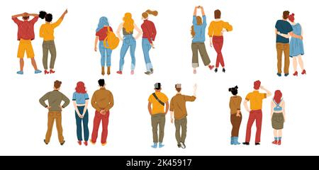 People from behind, male and female characters group rear view isolated ...