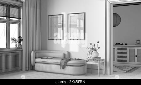 Blueprint unfinished project draft, elegant living room front view ...