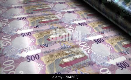 Qatar Riyal banknotes in a cash fan mosaic pattern. 500 QAR money notes ...
