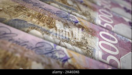Qatar Riyal banknotes in a cash fan mosaic pattern. 500 QAR money notes ...