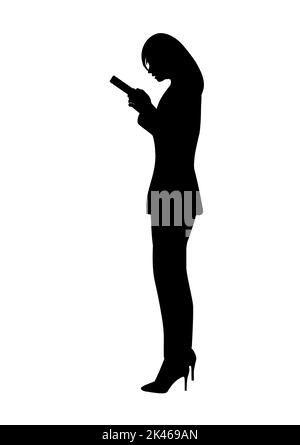 graphics silhouette Business woman hold smartphone for connection by ...