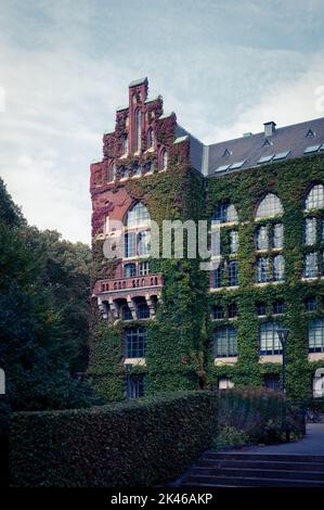 The facade of Lund university library covered in autumn colored leaves ...