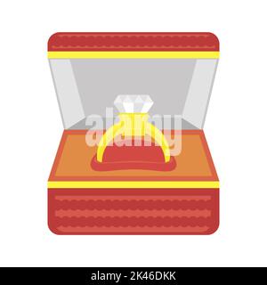 Red - golden opened jewellery present box with diamond wedding ring on ...