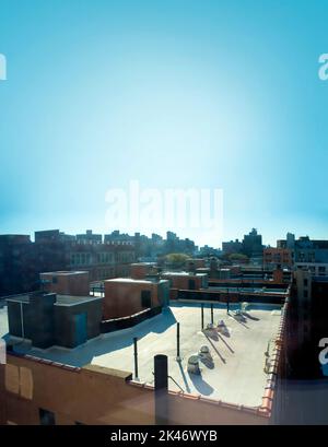 New York city silver rooftop vents and ducts with bared in skylight ...