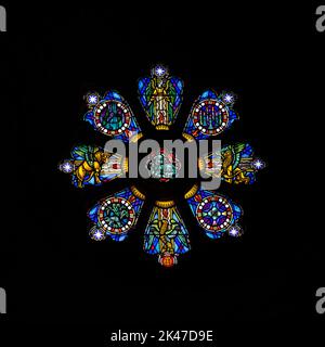 Close-up view of a cicular stained glass window inside the St Davids ...