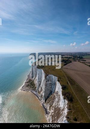 Drone view of the White Cliffs of Dover and the Dover Patrol Monument ...