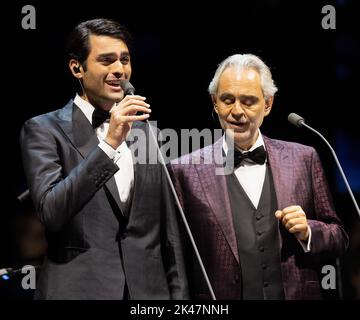 Italian tenor Andrea Bocelli (right) performs with his daughter ...