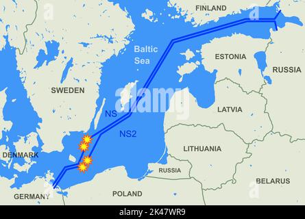 Nord Stream 1 and 2 on map, natural gas pipelines from Russia to ...