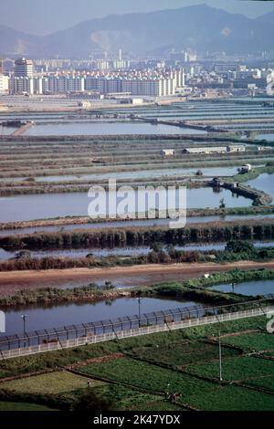 Ha Wan Village and Shenzhen River, (centre right), viewed from Lok Ma ...