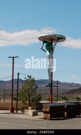 Alien statues advertising Jerky restaurant in Baker, California Stock ...