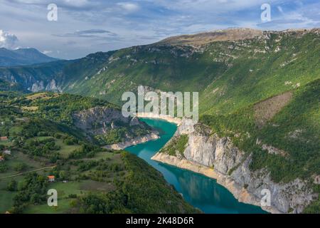 Aerial view of famous Piva canyon and oyster farms in the water. Famous ...