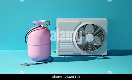 pink tank for refilling freon next to the air conditioning system with ...