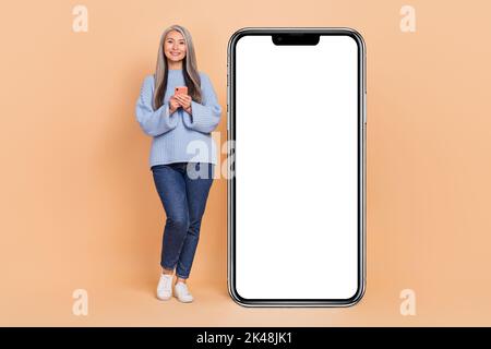 Photo of pretty sweet lady pensioner dressed pullover empty space ...