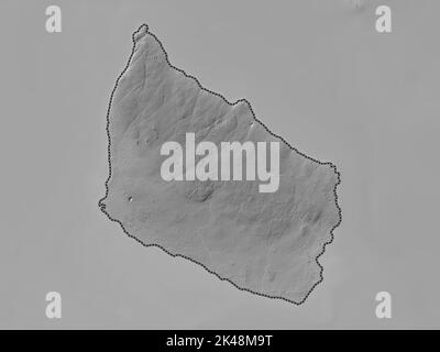 Bornholm, island of Denmark. Grayscale elevation map with lakes and rivers. Locations and names ...