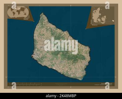 Bornholm, island of Denmark. Low resolution satellite map. Locations of ...