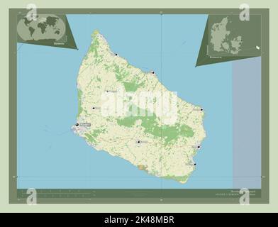 Bornholm, island of Denmark. Open Street Map. Locations of major cities ...