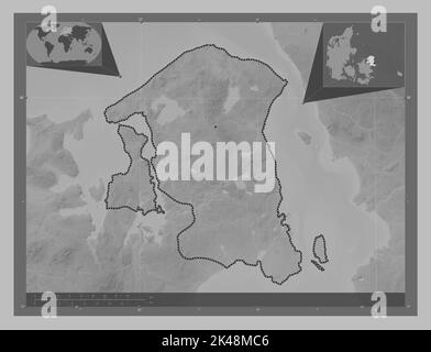 Hovedstaden, region of Denmark. Grayscale elevation map with lakes and ...