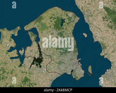 Hovedstaden, region of Denmark. Low resolution satellite map. Locations and names of major ...