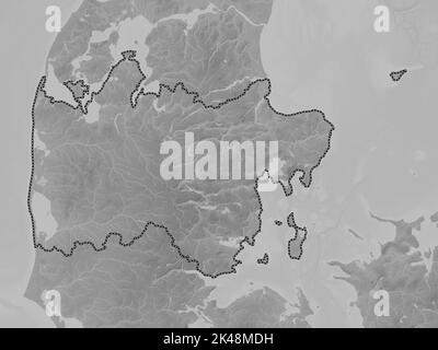 Midtjylland, region of Denmark. Grayscale elevation map with lakes and rivers. Locations of ...