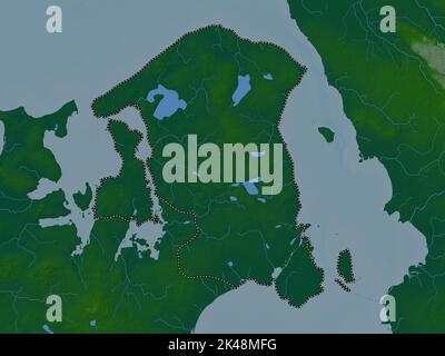 Hovedstaden, region of Denmark. Colored elevation map with lakes and ...
