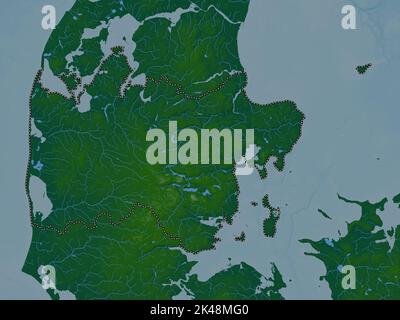 Midtjylland, region of Denmark. Colored elevation map with lakes and rivers. Corner auxiliary ...