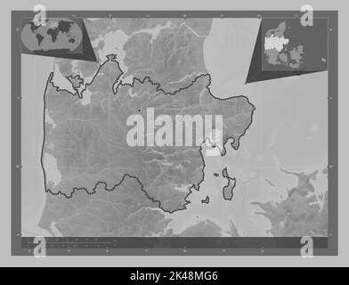 Midtjylland, region of Denmark. Grayscale elevation map with lakes and rivers. Locations of ...