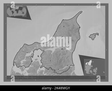 Nordjylland, region of Denmark. Grayscale elevation map with lakes and rivers. Locations and ...