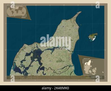 Nordjylland, region of Denmark. High resolution satellite map. Locations of major cities of the ...