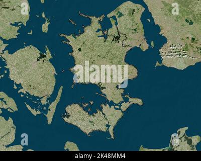 Sjlland, region of Denmark. High resolution satellite map. Locations and names of major cities ...