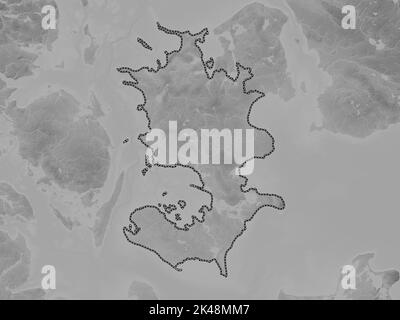 Sjlland, region of Denmark. Grayscale elevation map with lakes and rivers. Locations and names ...