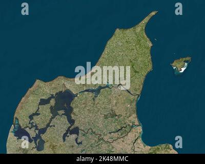 Nordjylland, region of Denmark. Low resolution satellite map. Locations and names of major ...