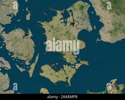 Sjlland, region of Denmark. Low resolution satellite map. Locations and names of major cities of ...