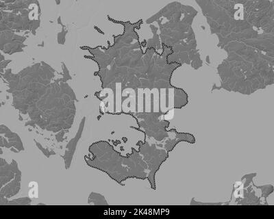 Sjlland, region of Denmark. Bilevel elevation map with lakes and rivers. Locations and names of ...