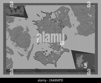 Sjlland, region of Denmark. Bilevel elevation map with lakes and rivers. Locations and names of ...