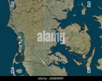 Syddanmark, region of Denmark. Low resolution satellite map. Locations and names of major cities ...