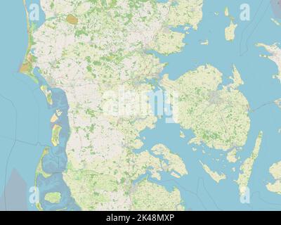 Syddanmark, region of Denmark. Open Street Map. Locations of major cities of the region. Corner ...