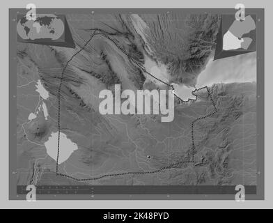Dikhil, region of Djibouti. Grayscale elevation map with lakes and ...