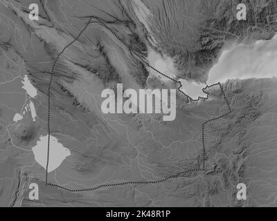 Dikhil, region of Djibouti. Grayscale elevation map with lakes and ...