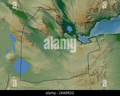 Dikhil, region of Djibouti. Colored elevation map with lakes and rivers ...