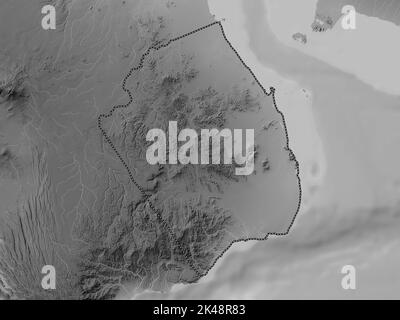 Obock, region of Djibouti. Grayscale elevation map with lakes and ...
