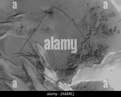 Tadjourah, region of Djibouti. Grayscale elevation map with lakes and ...