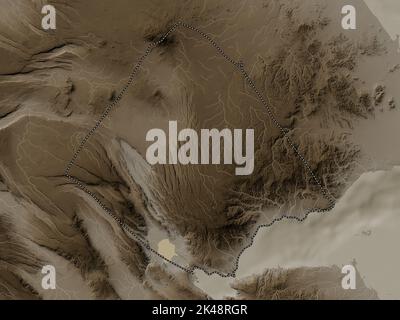 Tadjourah, region of Djibouti. Elevation map colored in sepia tones ...
