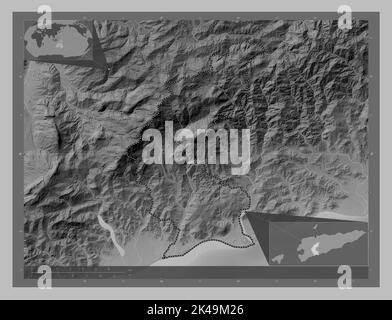 Ainaro, municipality of East Timor. Grayscale elevation map with lakes ...