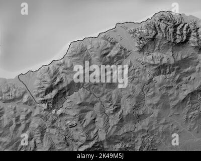 Oecusse, municipality of East Timor. Grayscale elevation map with lakes ...