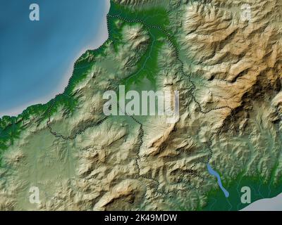 Bobonaro, municipality of East Timor. Colored elevation map with lakes and rivers. Corner ...